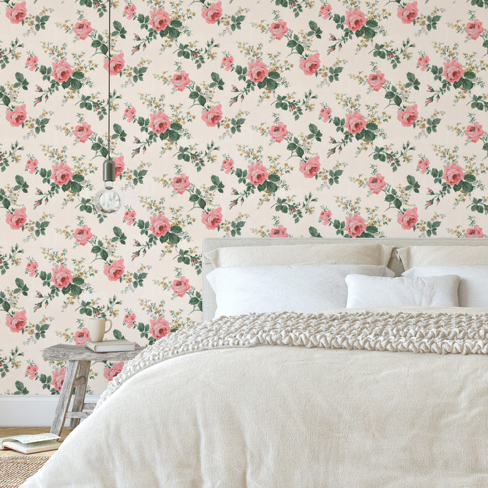 Aurora Pink Roses on White - 1940s Vintage Wallpaper Reproduction – Vintage Wallpaper Archive