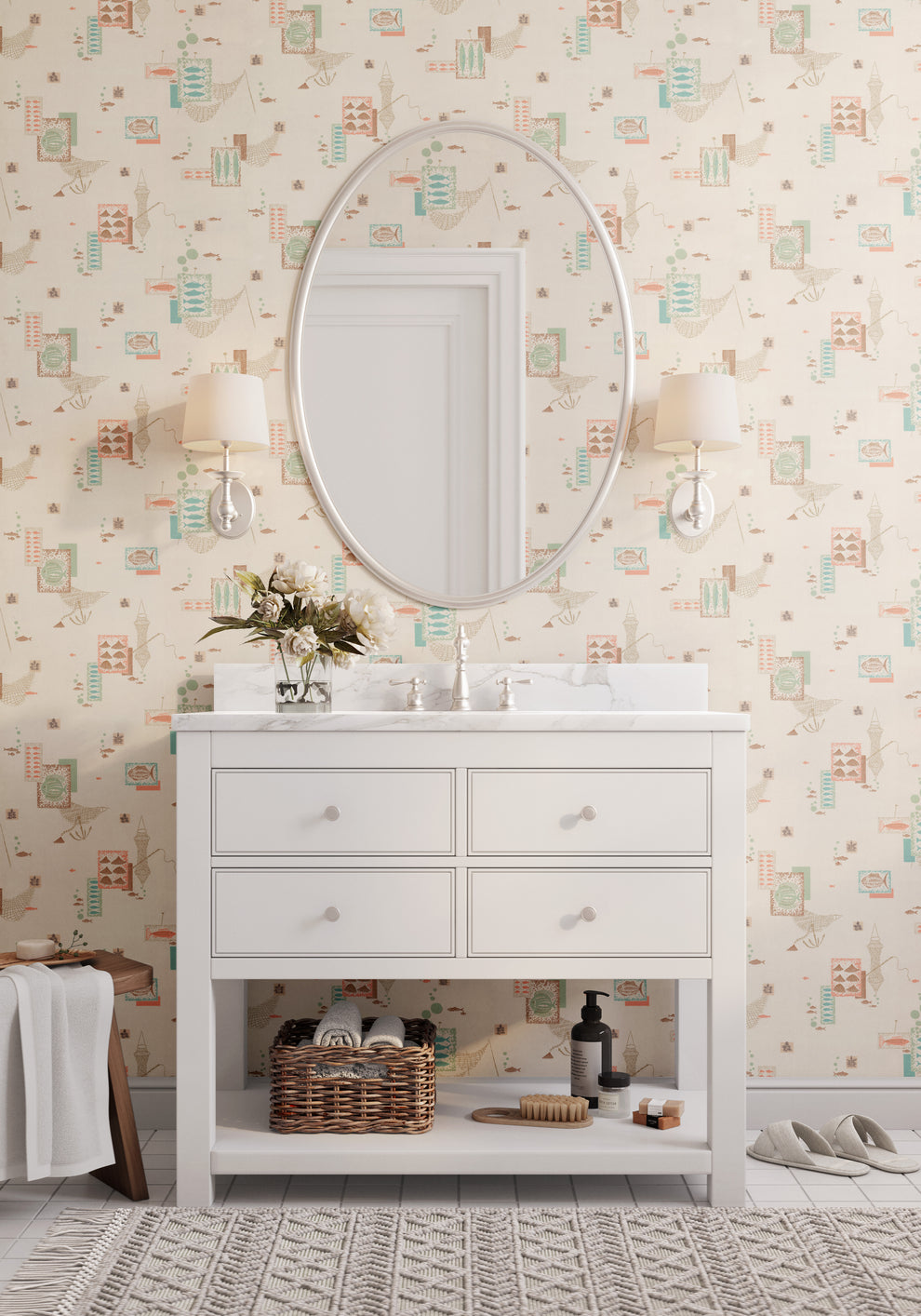 Guppy Fish and Nets Bathroom - 1940s Vintage Wallpaper Reproduction ...