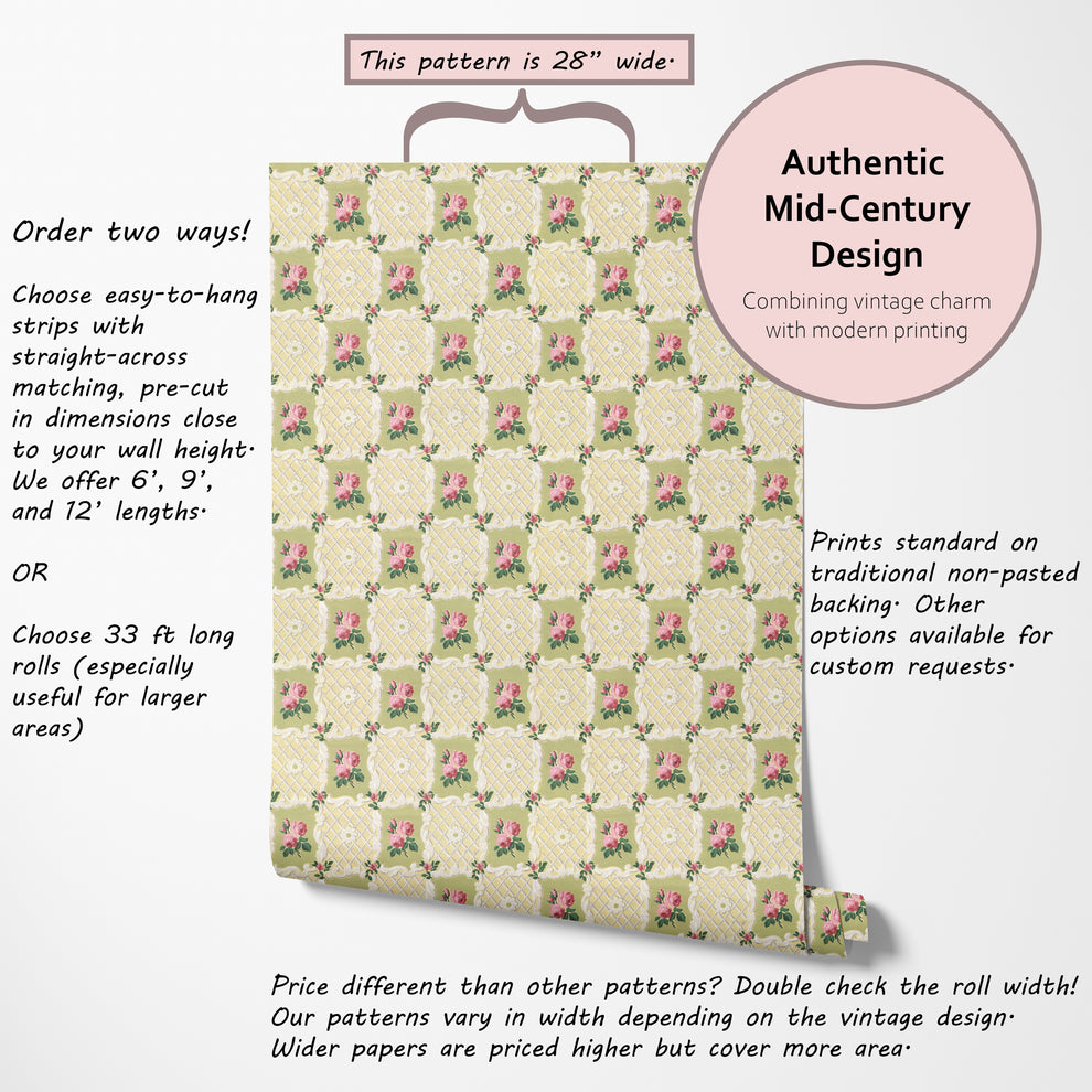 Danae Rose Lattice Floral - 1940s Vintage Wallpaper Reproduction ...
