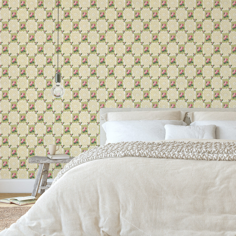 Danae Rose Lattice Floral - 1940s Vintage Wallpaper Reproduction ...