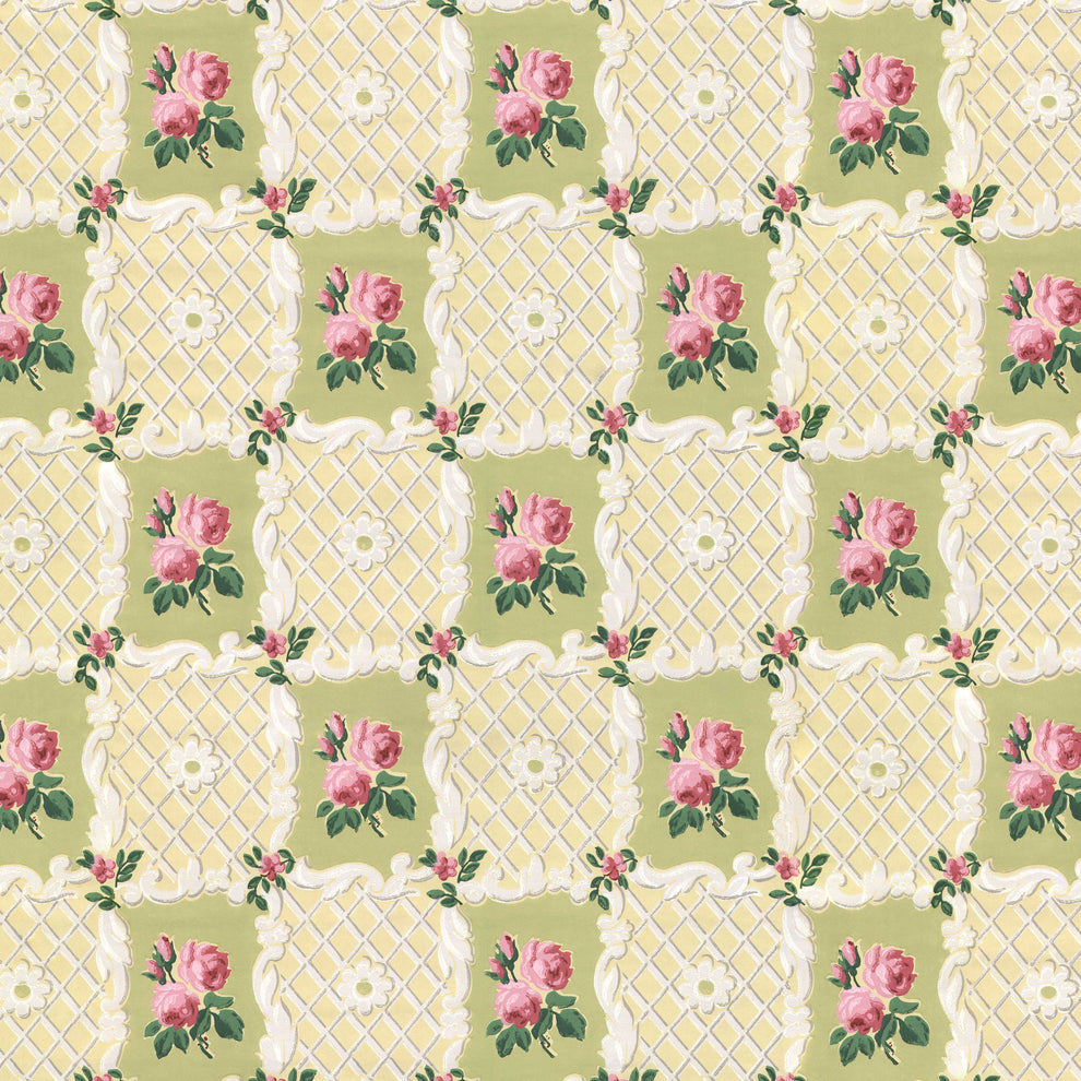 Danae Rose Lattice Floral - 1940s Vintage Wallpaper Reproduction ...