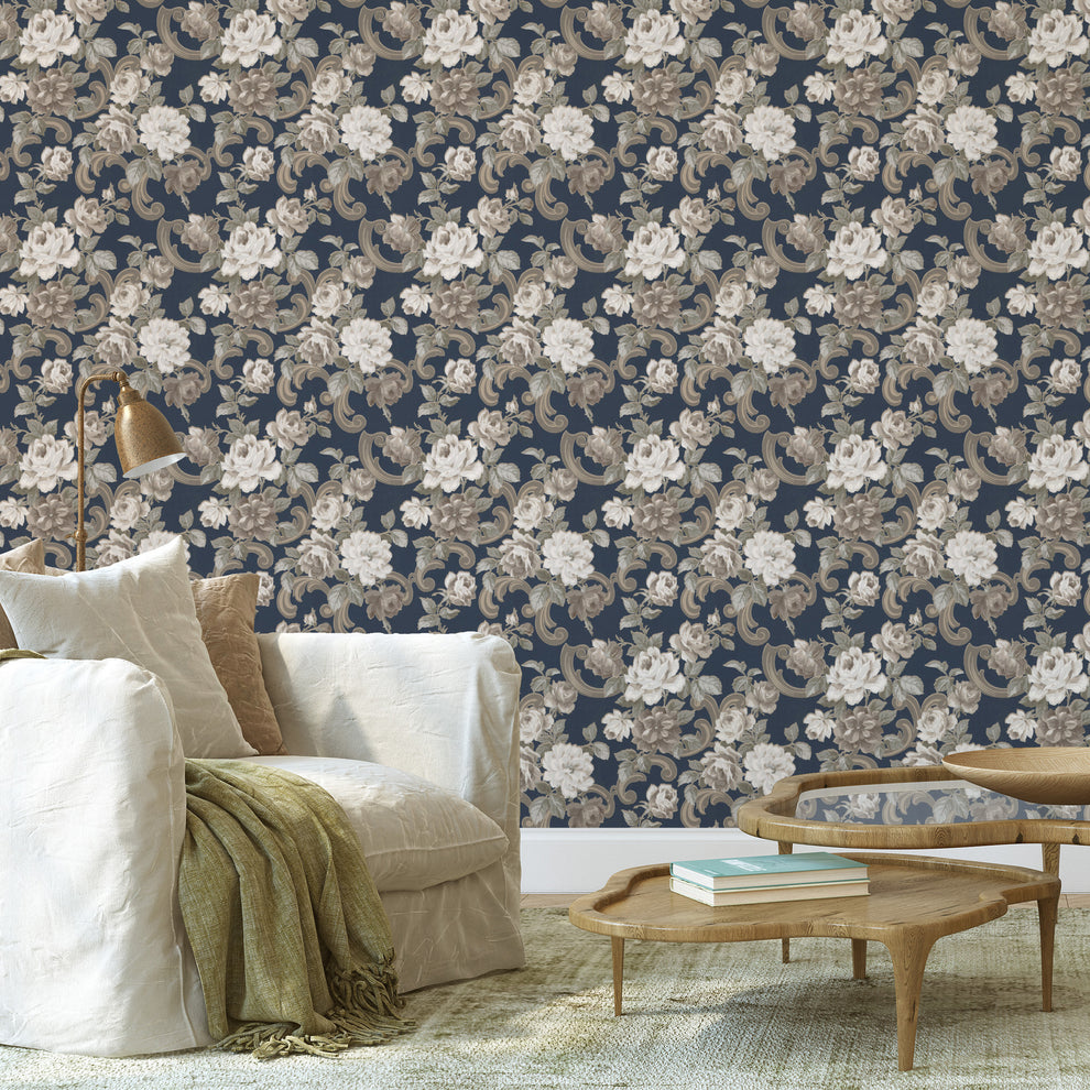 Janice Gray Roses Floral - 1940s Vintage Wallpaper Reproduction ...